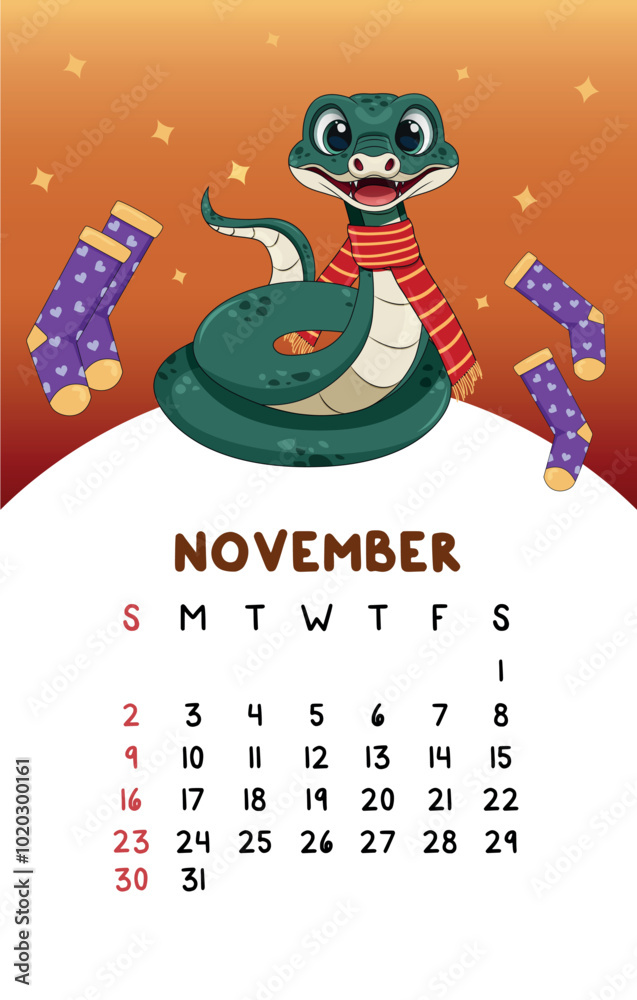 Vector vertical cute November calendar 2025 year with cute cartoon ...
