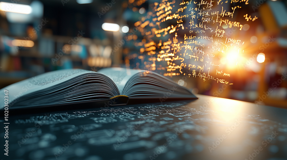 open book rests on desk, surrounded by equations and mathematical ...