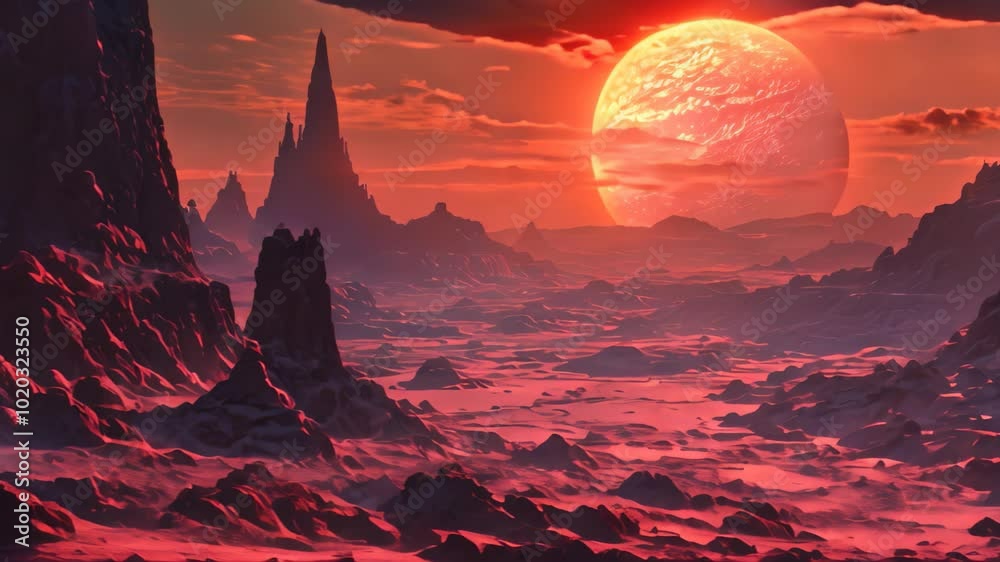 A surreal alien landscape with towering rock formations silhouetted ...