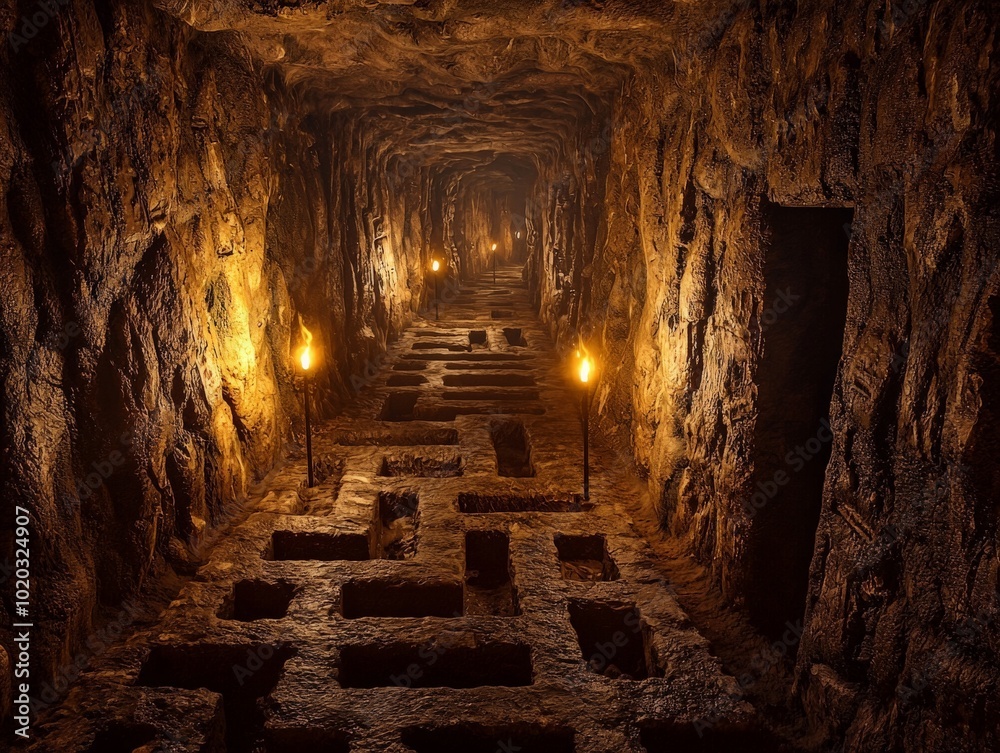 Mysterious Underground Maze Lit by Flickering Torches Stock Photo ...