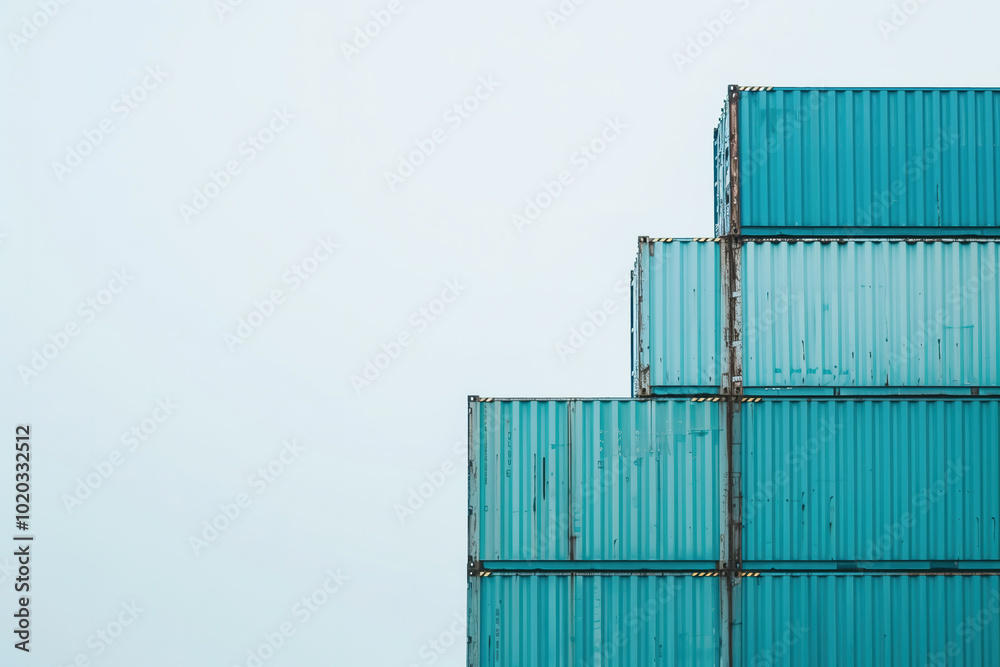 Stacked Blue Shipping Containers Against Clear Sky. A detailed view of ...