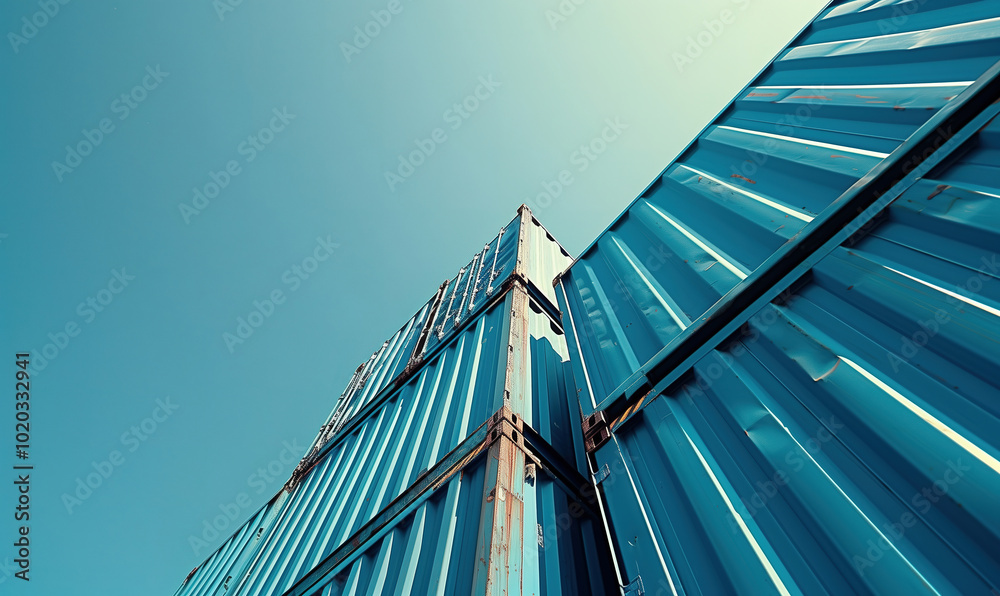 Stacked Blue Shipping Containers Against Clear Sky. A detailed view of ...