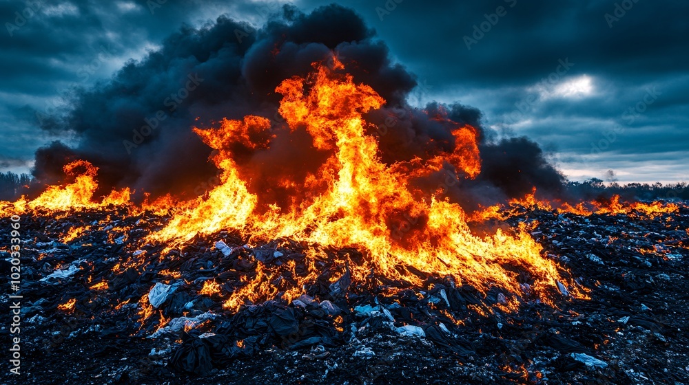 Clothes burning in an industrial incinerator with dark smoke billowing ...