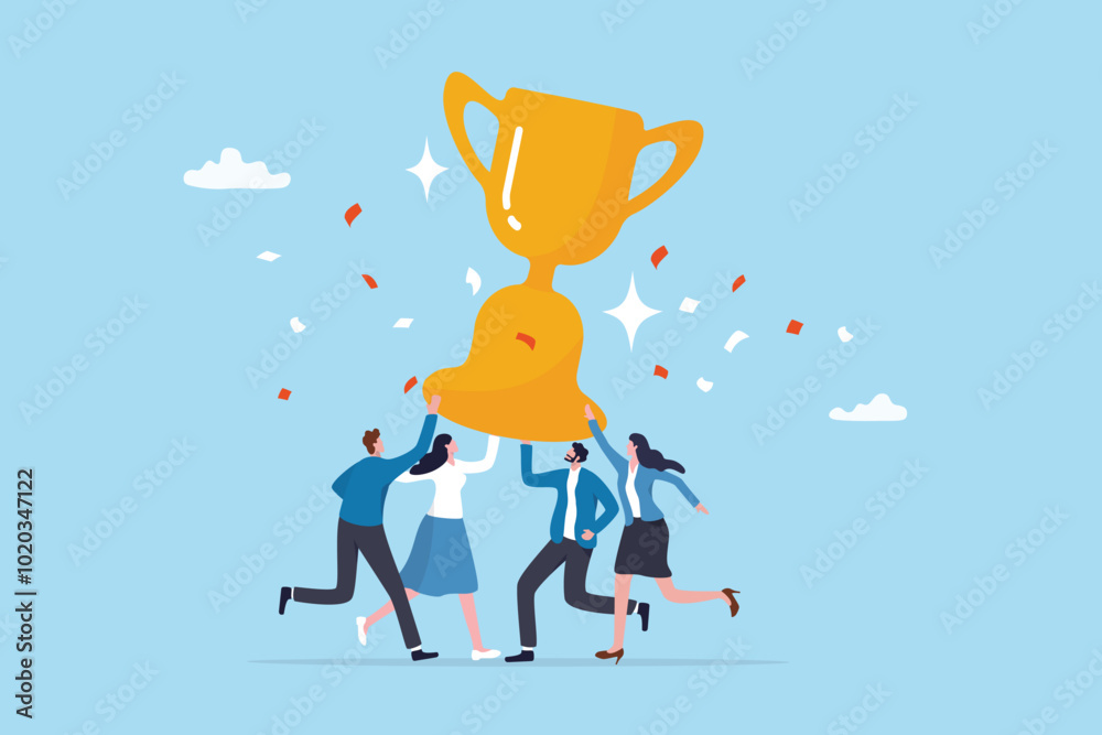 Team success achievement, winning trophy award together, celebrate team ...