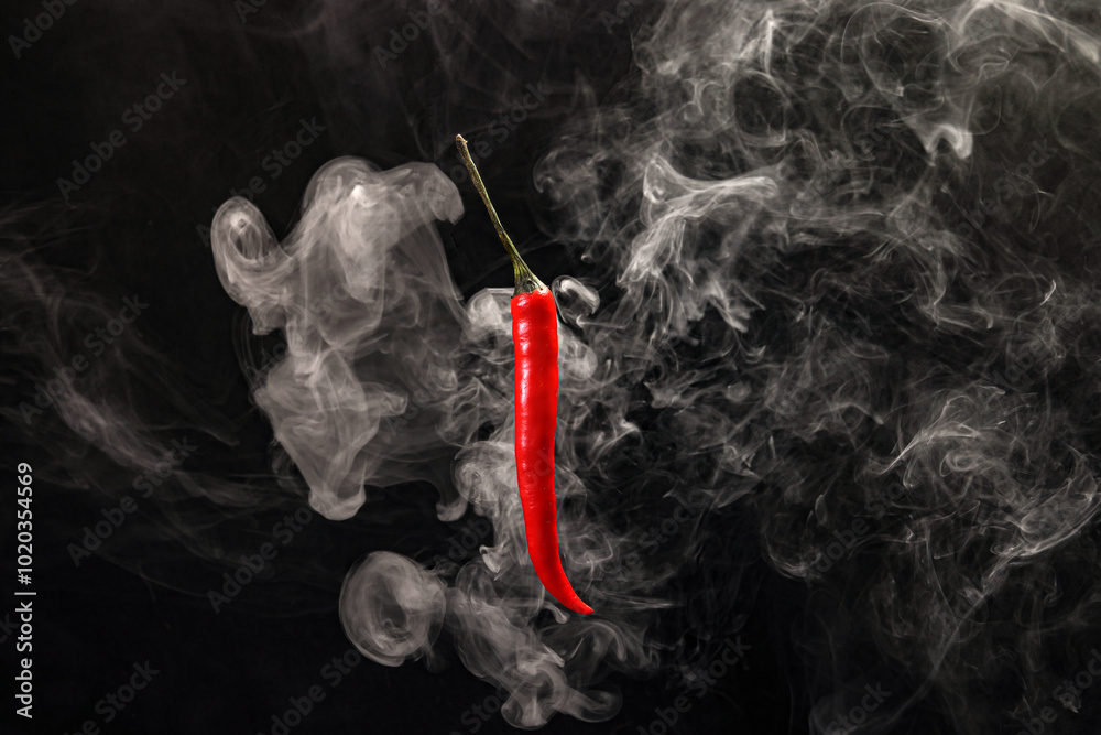 Smoking floating flying red hot birds eye chilli pepper on black ...