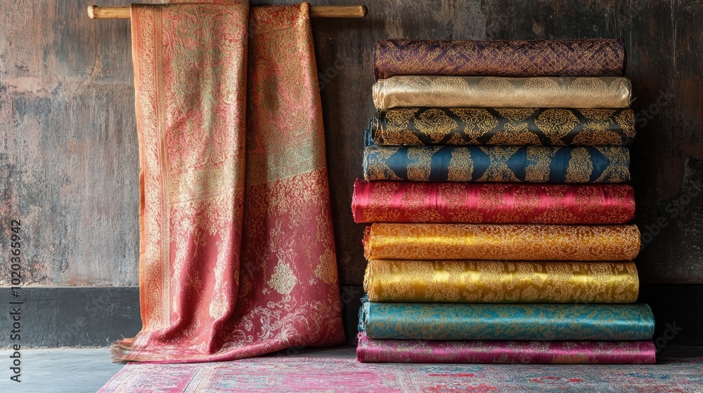 Elegant piles of Thai silk in different hues and patterns, displayed on ...