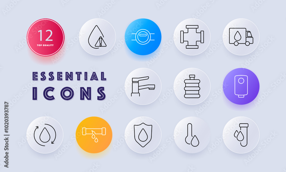 Water management set icon. Drop with arrows, water pipe, water truck ...