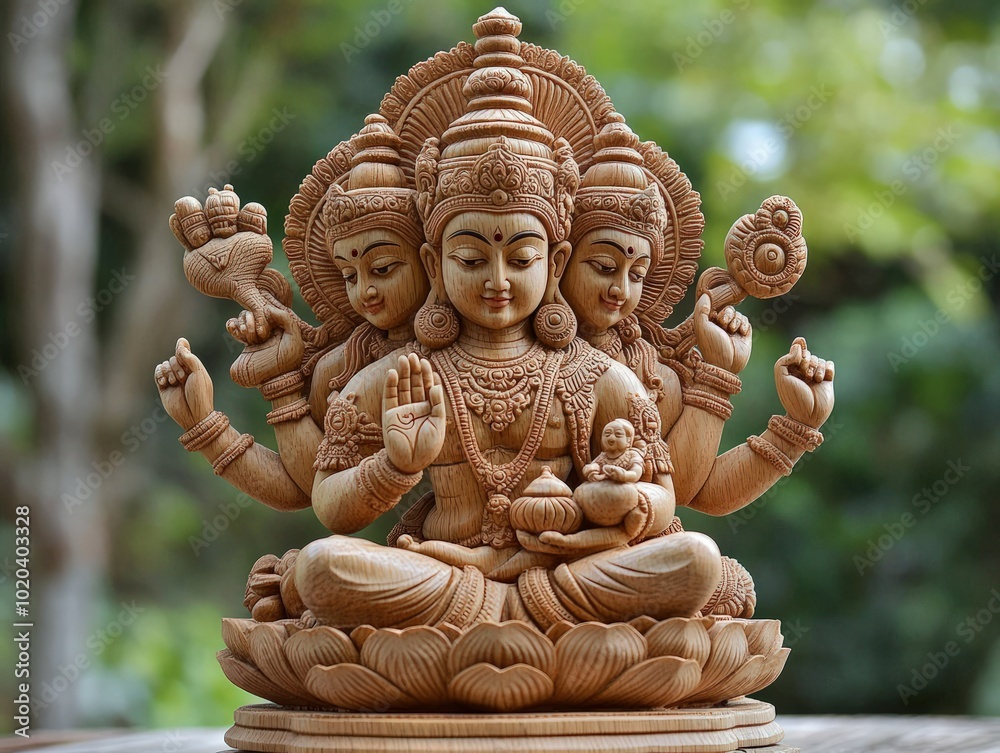 A traditional hand-carved statue of Lord Brahma, made from sandalwood ...