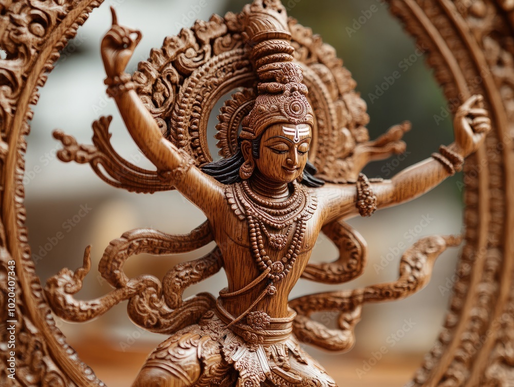 A hand-carved wooden depiction of Lord Shiva as Nataraja, performing ...