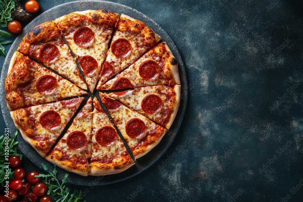 A pepperoni pizza with melted cheese and a crispy crust, sliced into ...