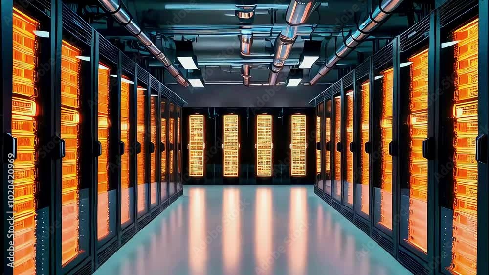 Rows of glowing server racks in a data center with exposed pipes and ...