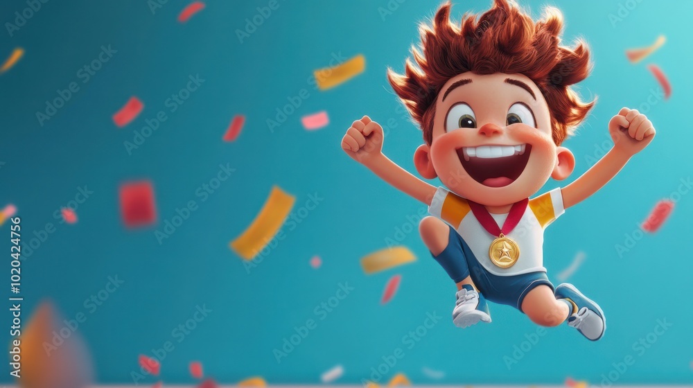 Animated character celebrating with a medal, cheering and jumping in ...
