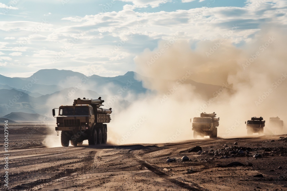 Military vehicles traverse a rugged desert landscape, kicking up dust ...