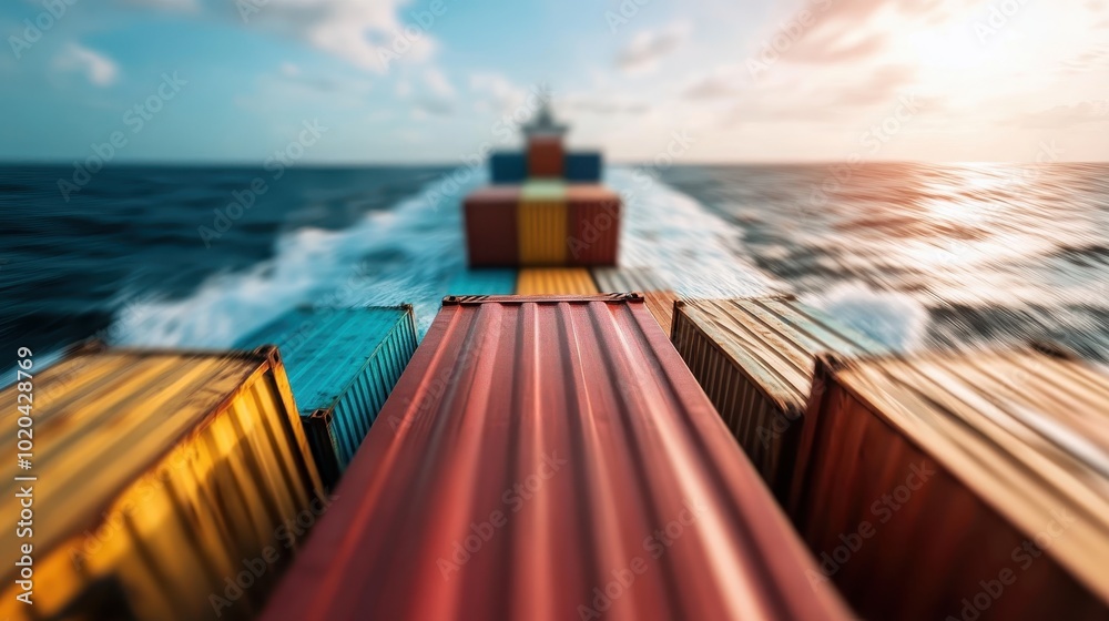 Vibrant cargo containers are stacked on a ship deck as it sails across ...