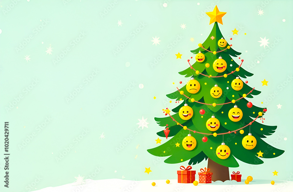Christmas tree decorated with yellow smiley, emojis, emoticons on a ...