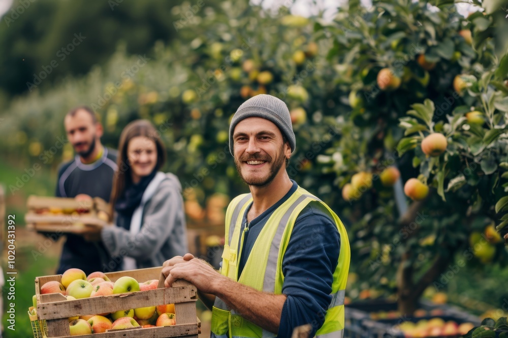 Smiling in a lush apple orchard, workers hold crates of freshly picked ...