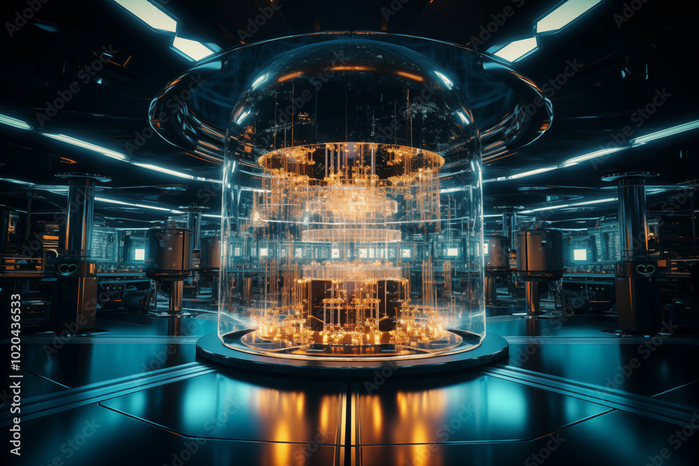 A futuristic quantum computer encased in a transparent dome, featuring intricate glowing ...