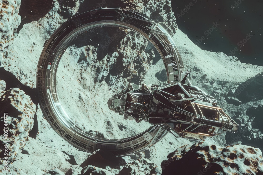 A majestic spaceship orbits a rocky asteroid belt in the vastness of ...
