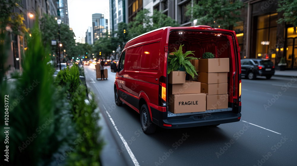 A bright red van overflowing with boxes, plants, and furniture, parked ...
