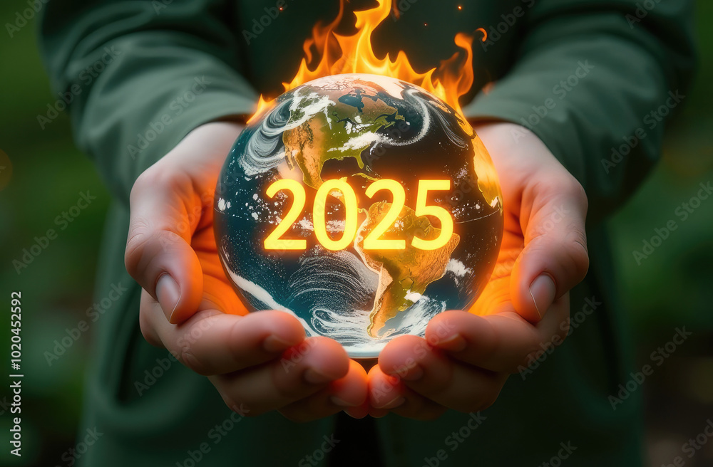 Close-up, planet earth in the palms of man's hands. The balloon has the ...