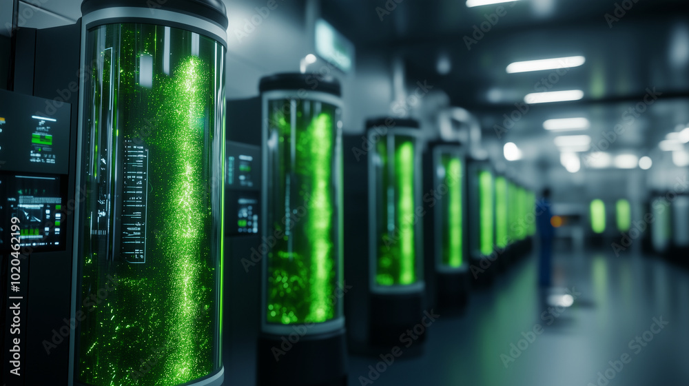 A clean, minimalist hydrogen production facility set in a remote ...
