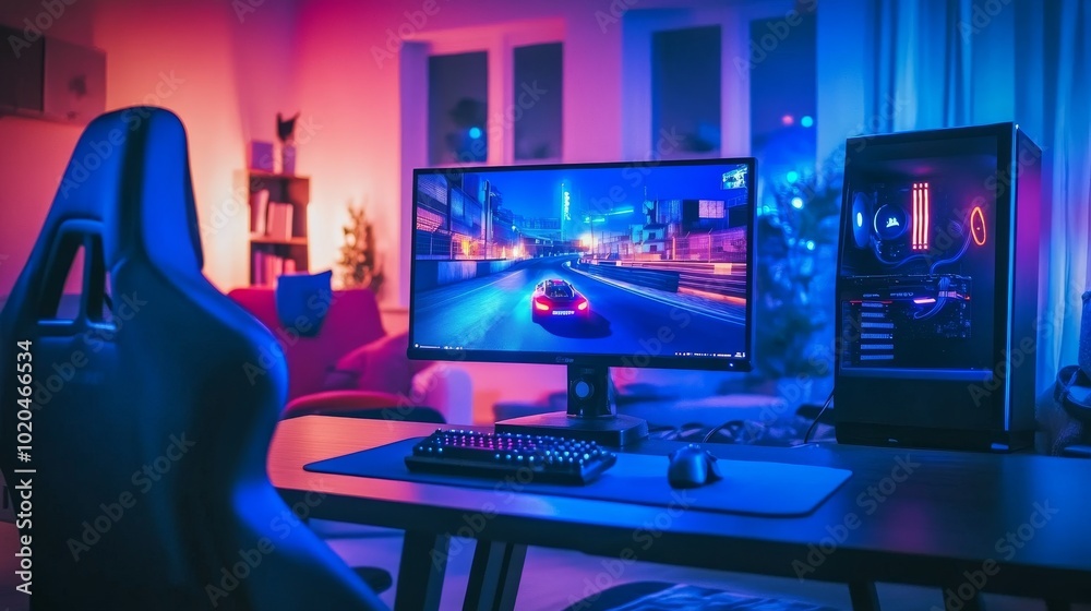 Gamers' PC setup with a First-Person Shooter Game on Screen. A monitor ...