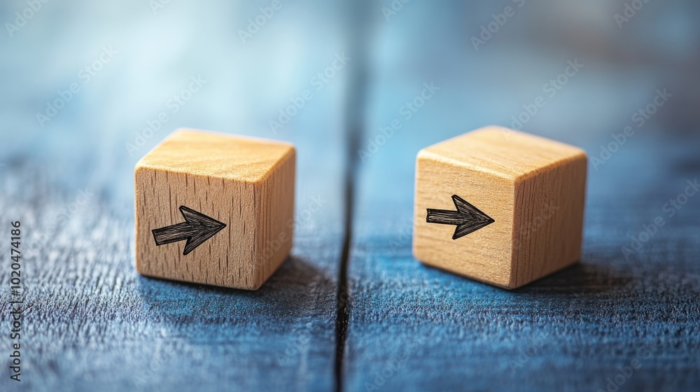 Two wooden blocks with arrows pointing in opposite directions. One ...