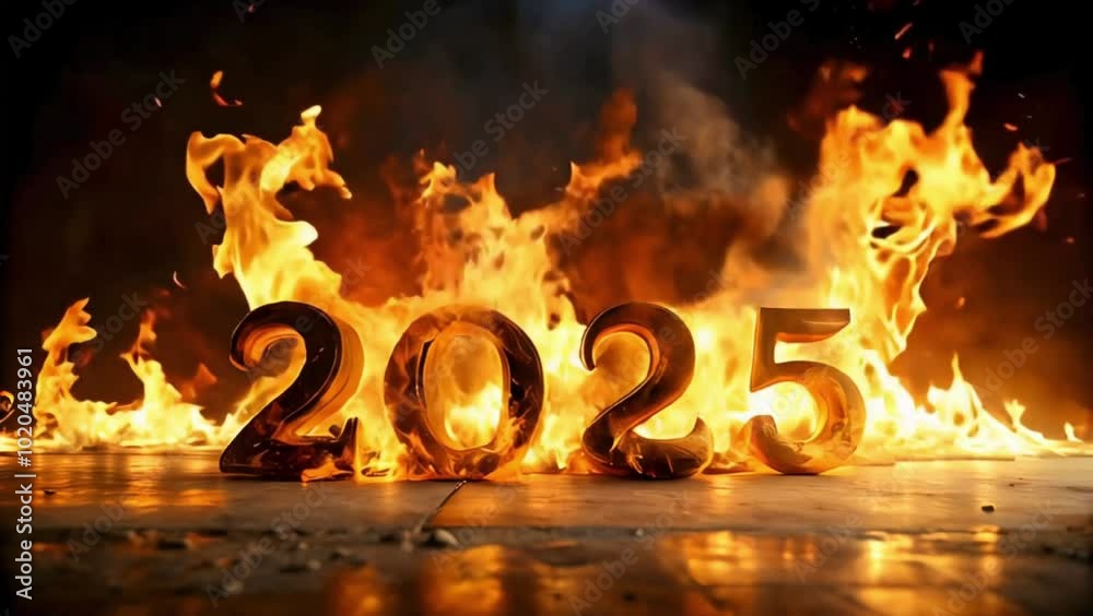 Closeup Burning 2025 Fire Flames with Dark Background. A dramatic video ...