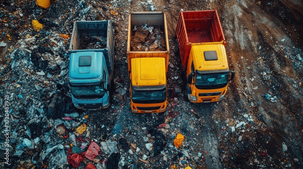 Top view of three dump trucks unloading trash in a landfill, waste ...