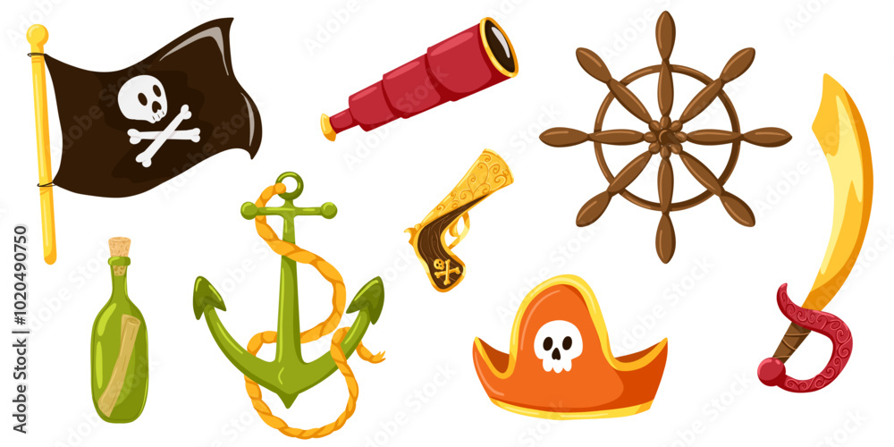 Cartoon pirate elements. Flag, steering wheel, anchor, gold revolver ...