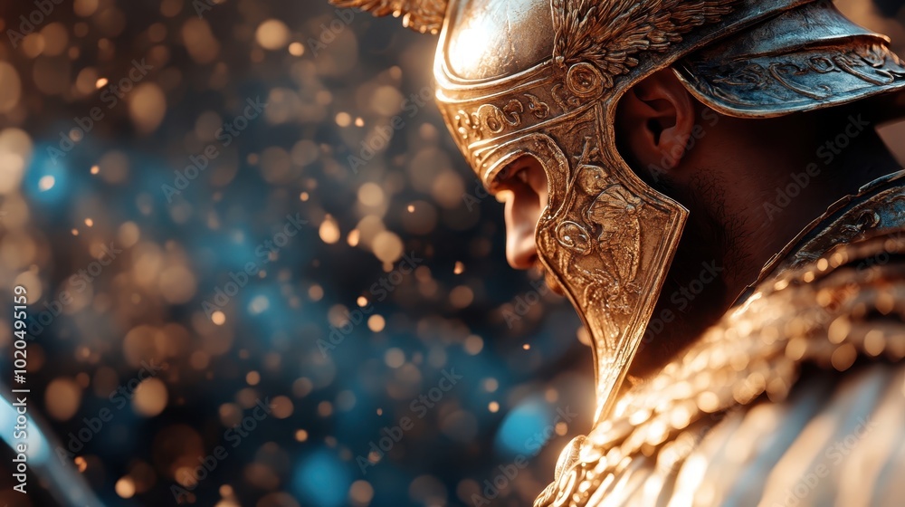A close-up profile of a warrior in golden armor, detailed with ornate ...