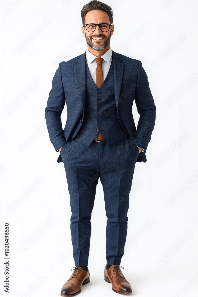 Confident 30s man, smiling male model wearing glasses looking at camera ...