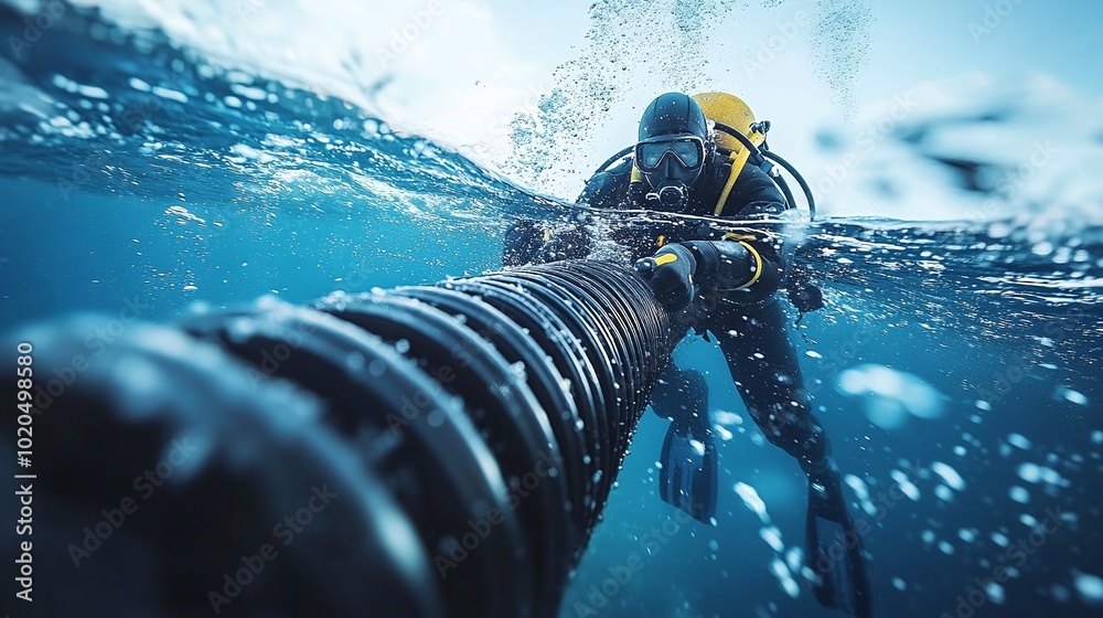 professional diver performing underwater inspection and repair on a ...