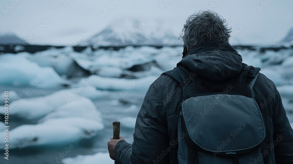 An older adventurer embarks on a journey through a vast icy landscape ...