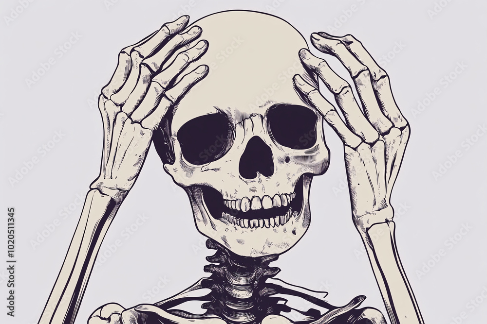 Skeleton holding its head with both hands, smiling, showing detailed ...