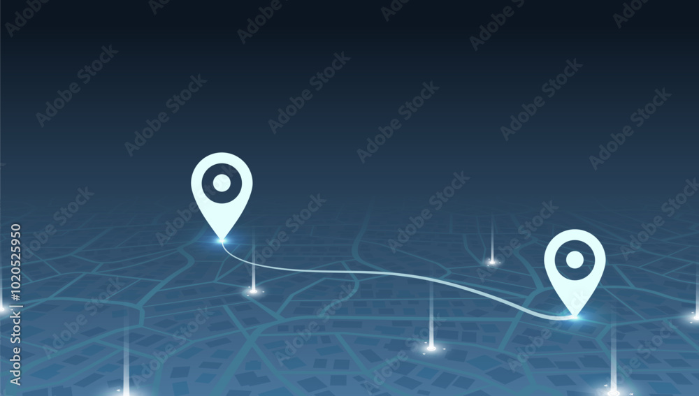 Route on the map to pin. City street map with various points of ...