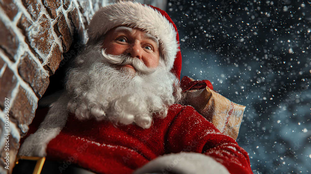 Santa climbing out of a chimney with a toy bag slung over his shoulder ...
