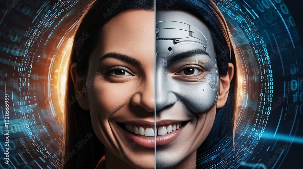 Woman’s face transformed by deepfake technology, highlighting the ...
