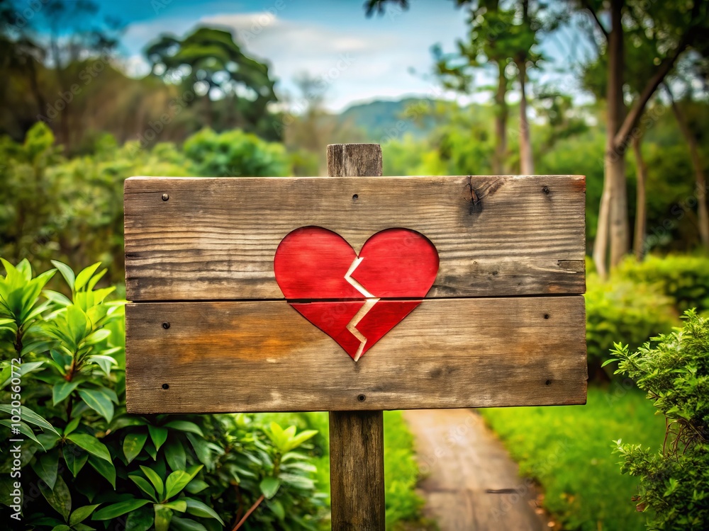 A rustic wood sign showcasing a shattered red heart, embodying ...