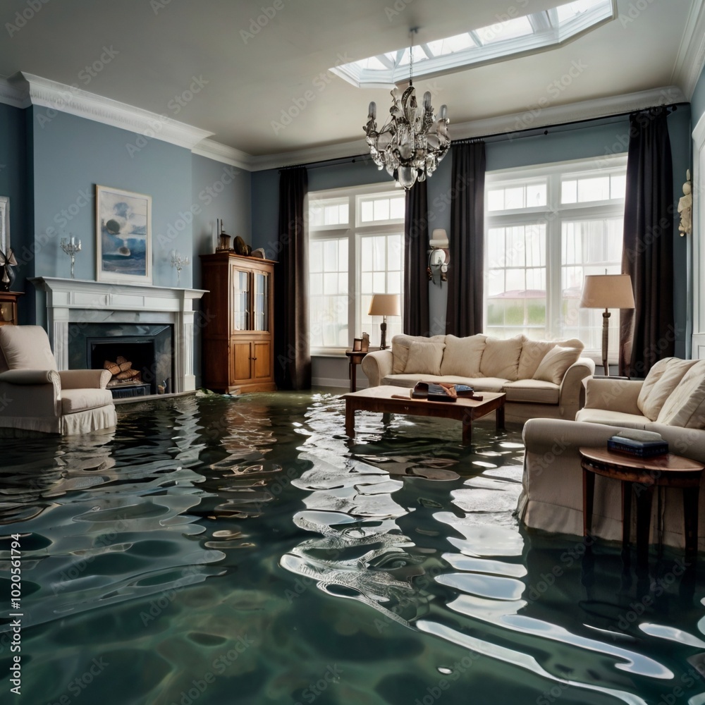 interior flooded with water, furniture partially submerged, creating an ...