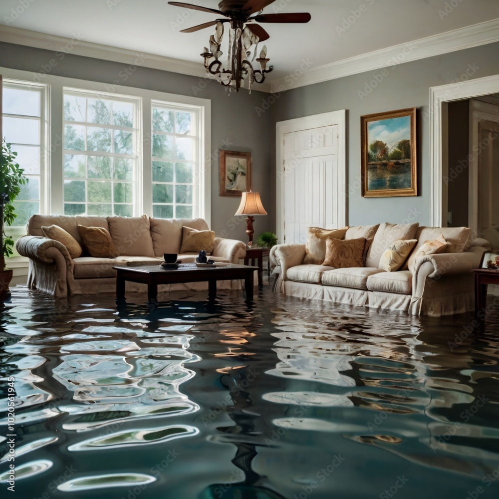 interior flooded with water, furniture partially submerged, creating an ...