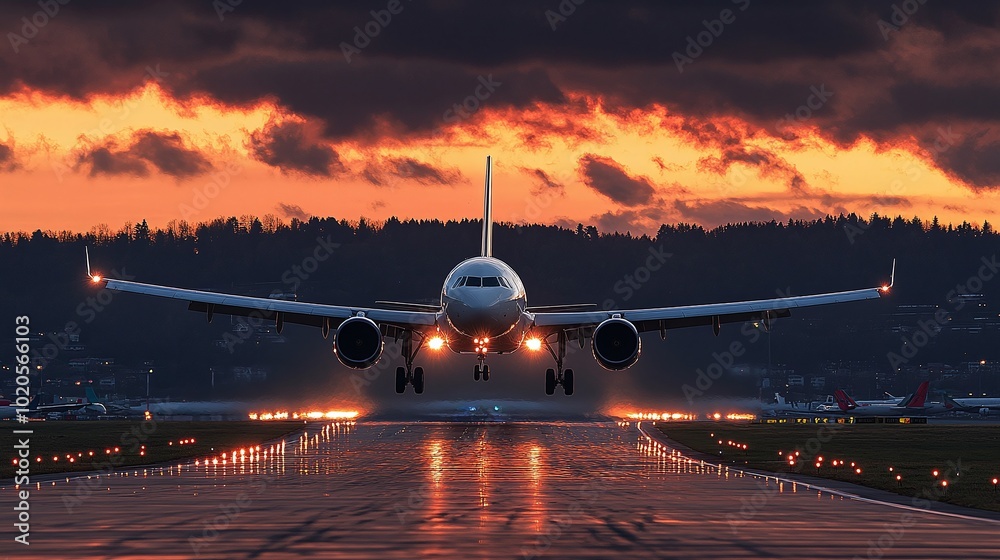 beautiful sunset scene of a large airplane taking off from the airport ...