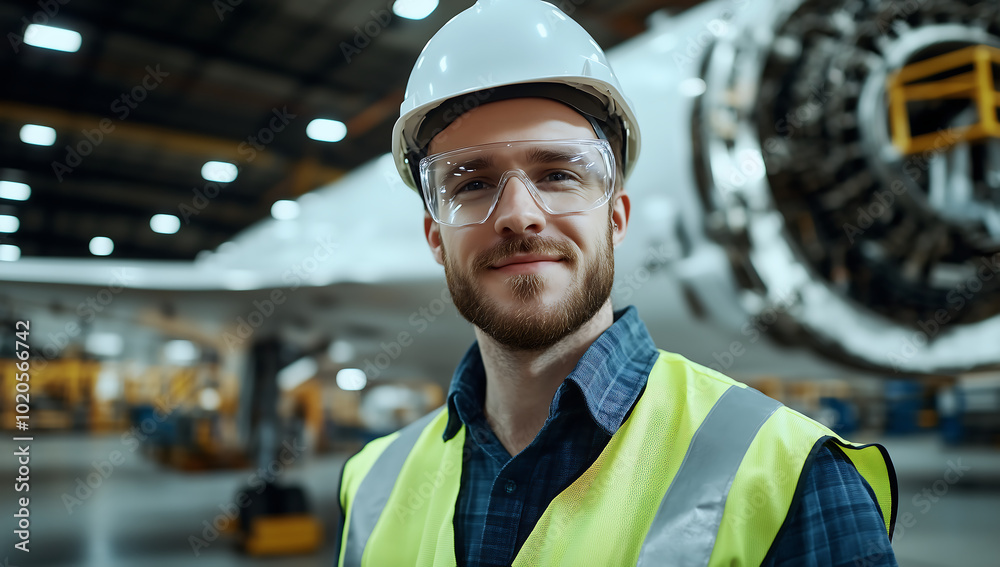 Confident Male Aviation Engineer in Safety Gear Standing in Front of an ...