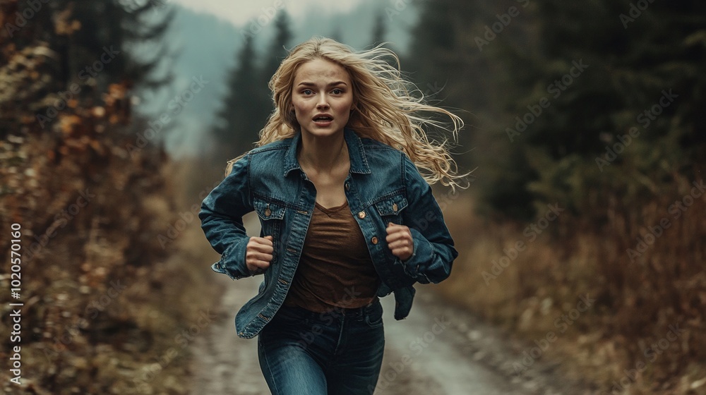 panic and fear in a blonde woman's face as she runs away outdoors urgency and anxiety showing in ...