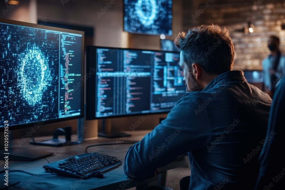 A focused individual works on cybersecurity, analyzing code on multiple ...