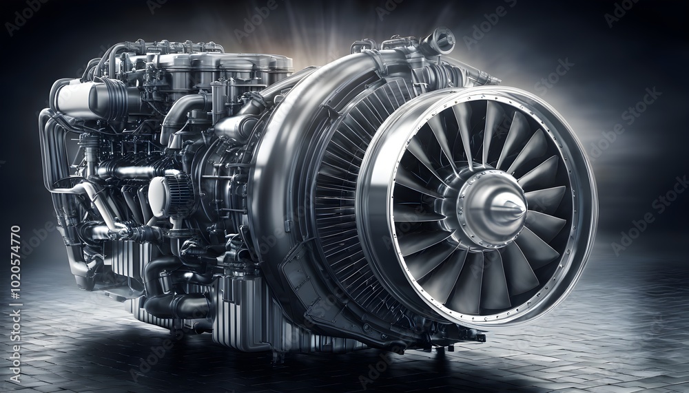 X-ray visualization of a turbofan jet engine in 3D against a striking ...