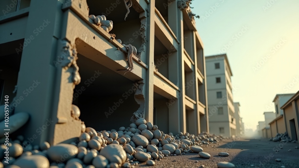 A haunting image of an abandoned urban complex, featuring a long row of ...