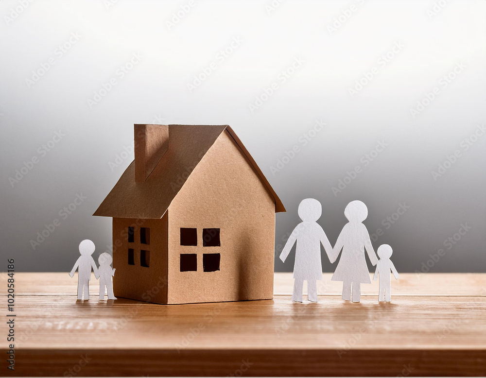 Photo & Art Print Una familia de papel y una casita de carton sobre la ...