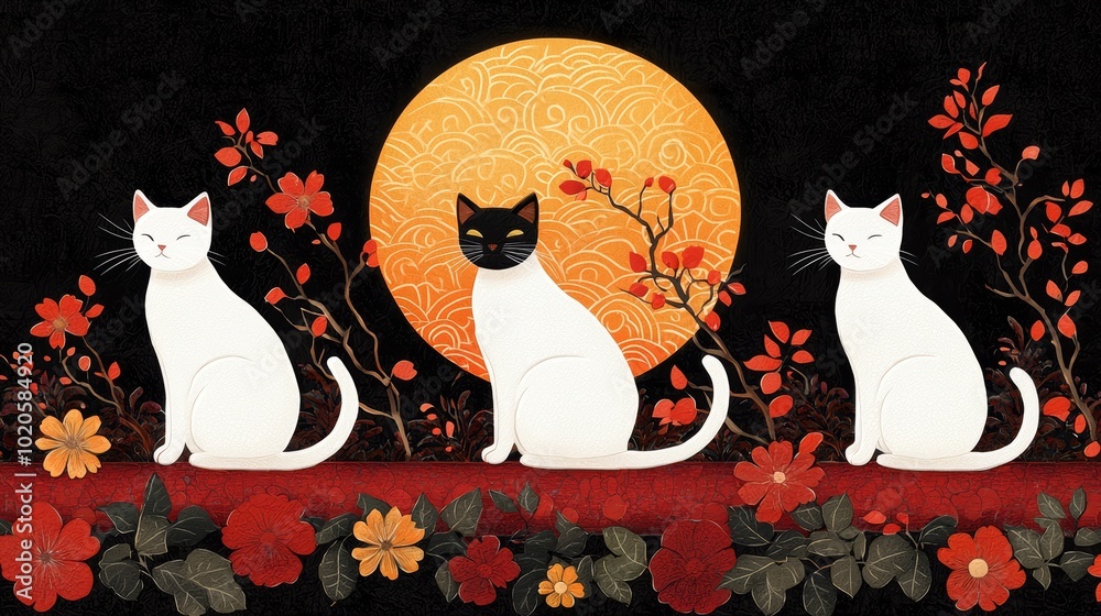 Three cats in an enchanting oriental landscape with red and orange hues ...