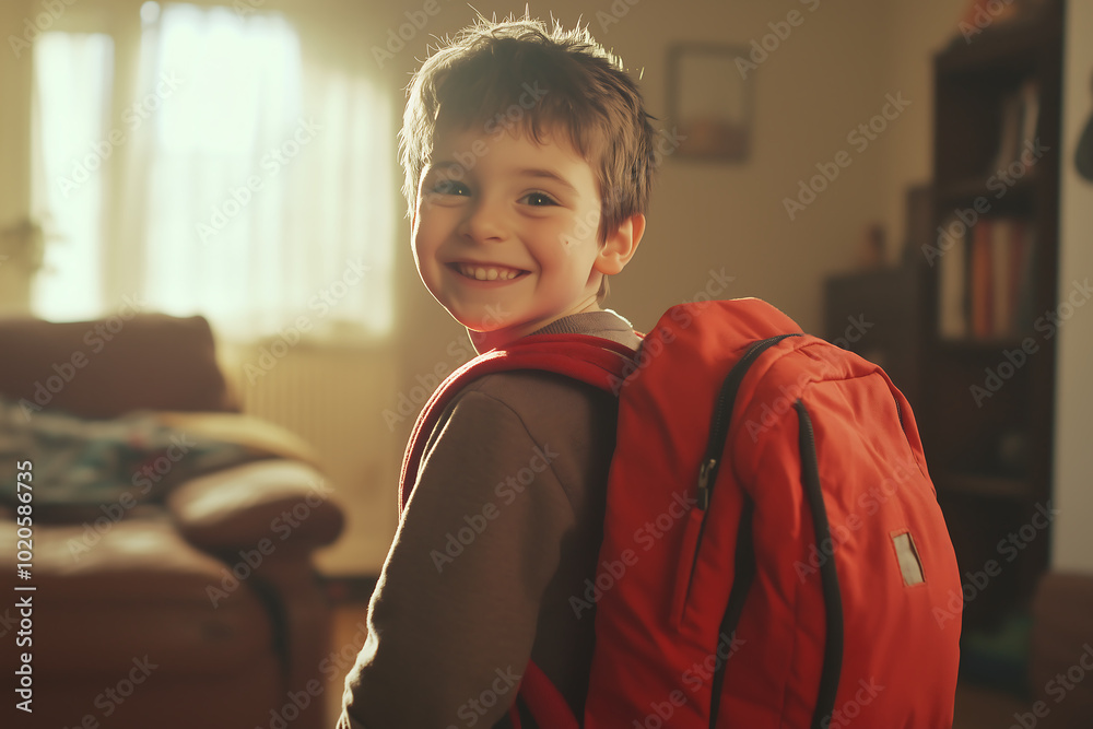 Young Boy Smiling with a Red Backpack, Getting Ready for His First Day ...